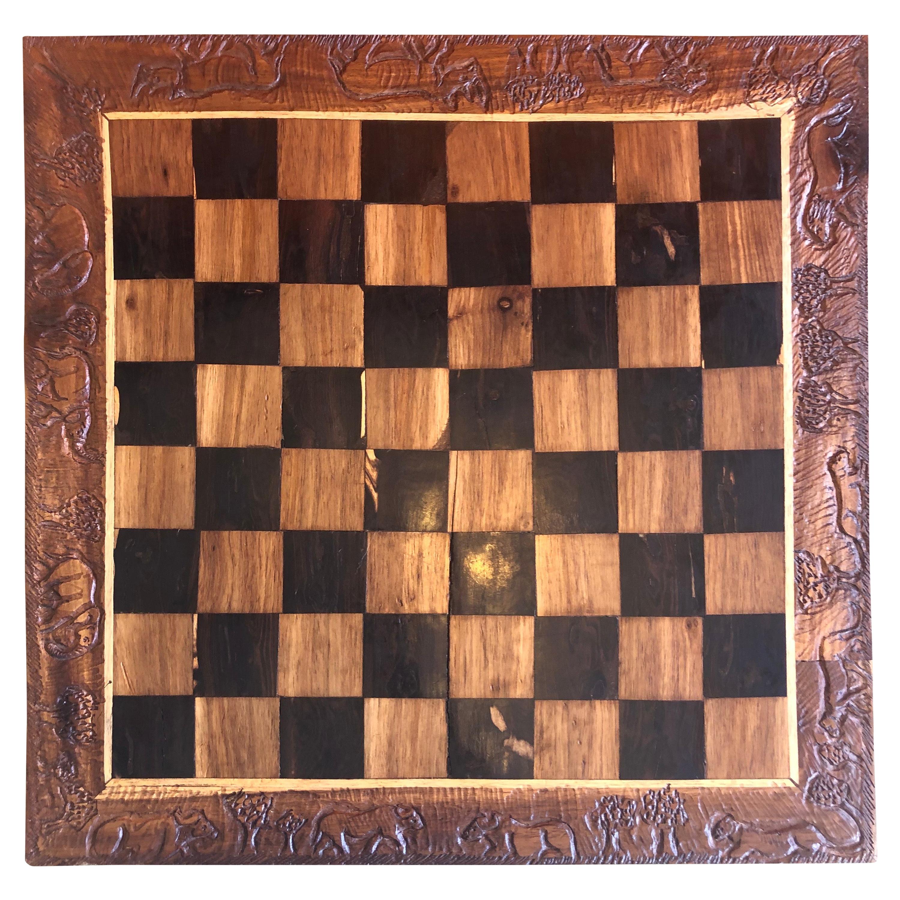 Hand Carved Distressed Wood Chess Board at 1stDibs | carved chess board