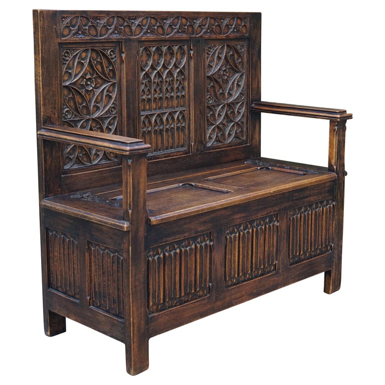 Hand Carved Early 20th Century Gothic Revival Hall Bench with Lid and ...