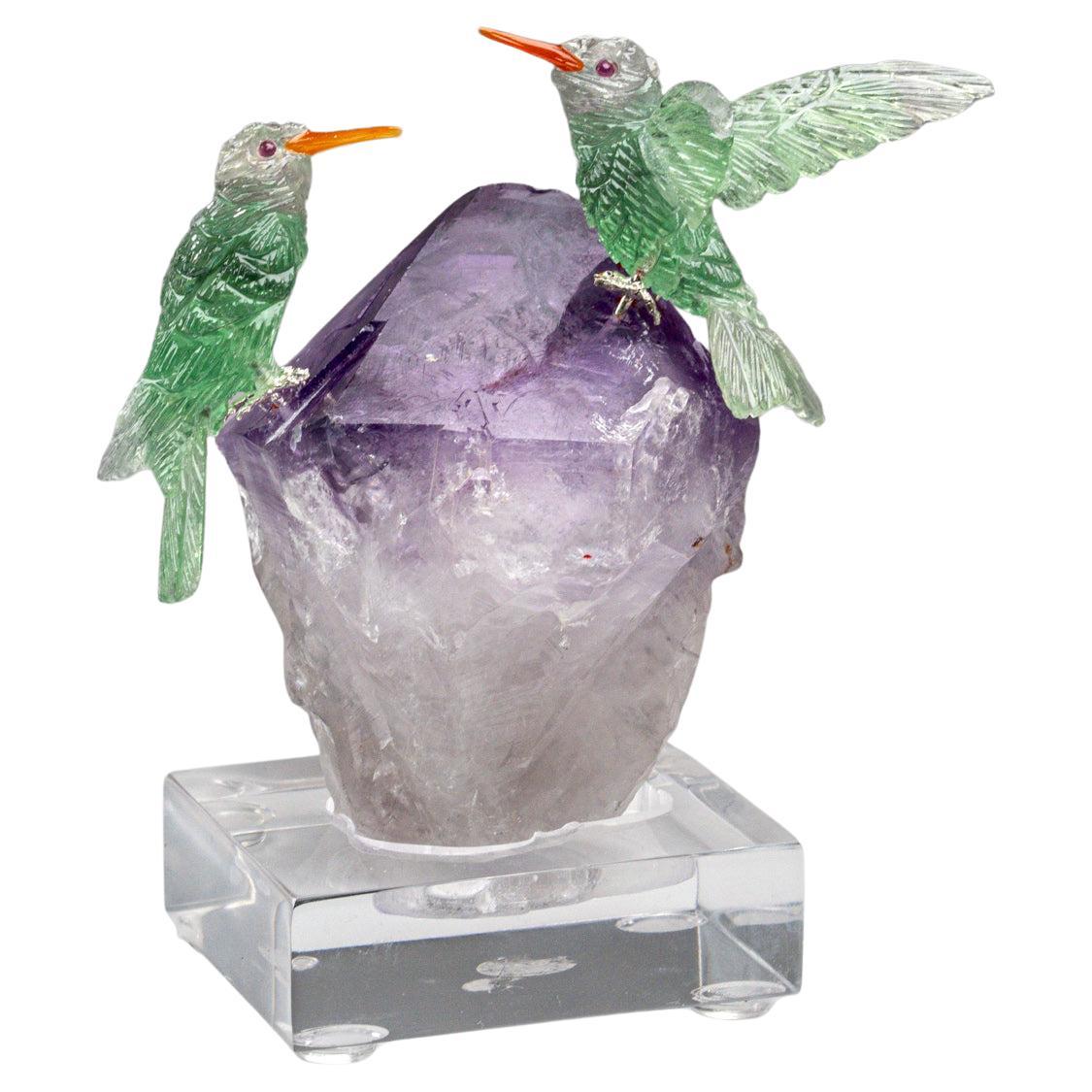 Hand Carved Fluorite Finches on a Tourmaline in Albite Matrix (6.5"H ...