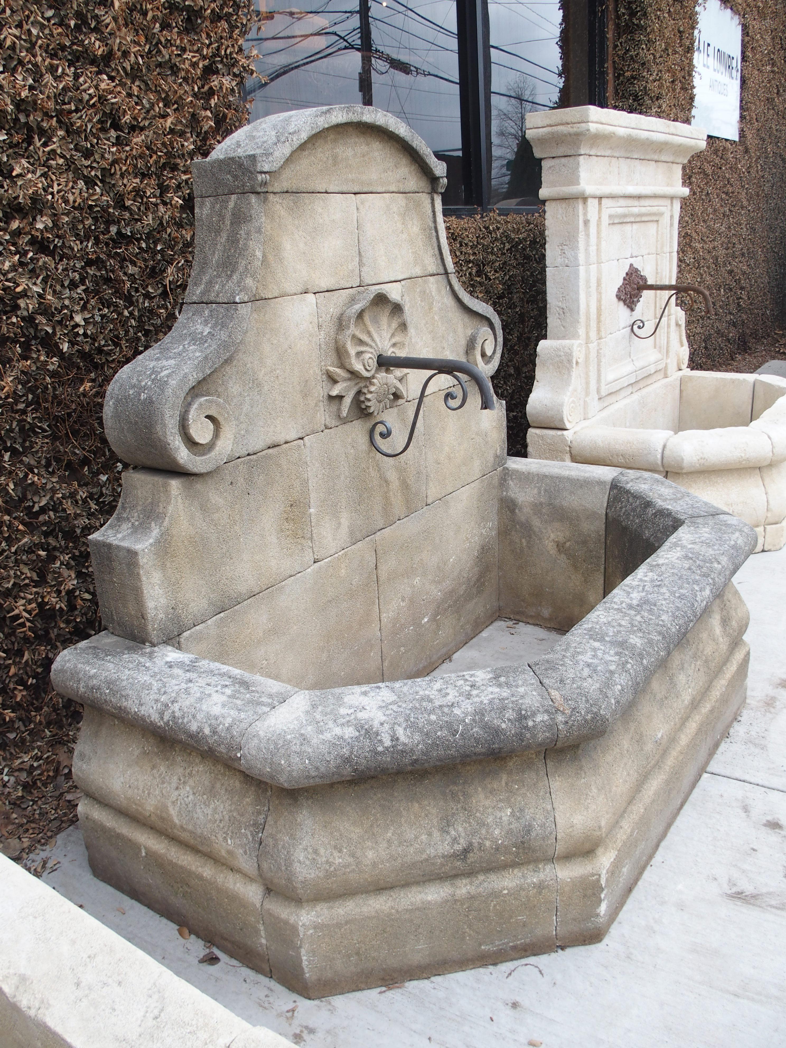 Hand Carved French Limestone Wall Fountain with Shell Motif and Sloped ...