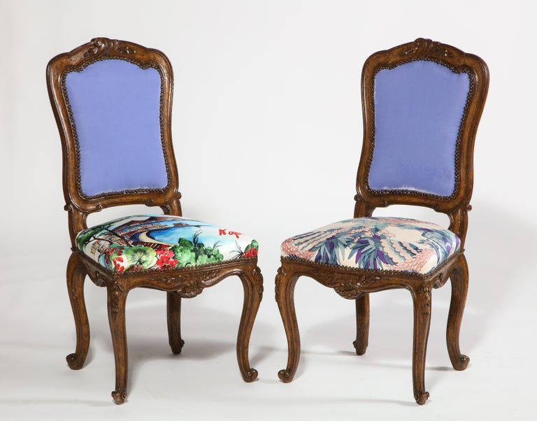 Hand Carved French Side Chairs with Tanzanite Velvet Backs and Silk ...