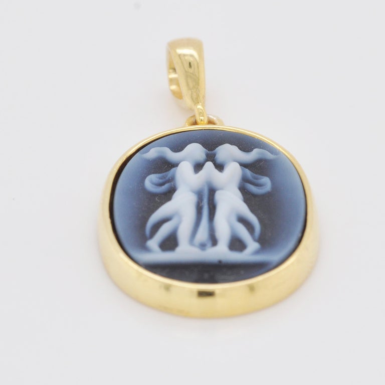 Hand-Carved Gemini Zodiac Agate Cameo 925 Sterling Silver Pendant ...