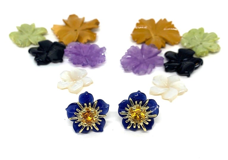Hand Carved Gemstone Flower Earring Jacket Set 18k Gold and Yellow ...