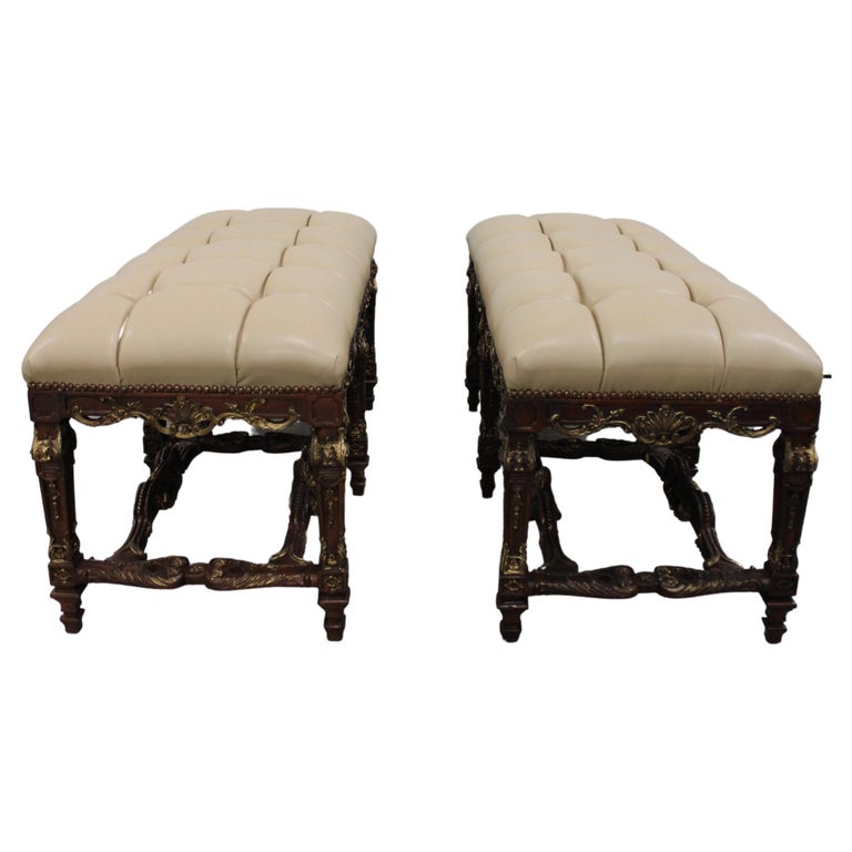 Hand Carved and Gilded Window Benches w/ Leather Seats For Sale at 1stDibs