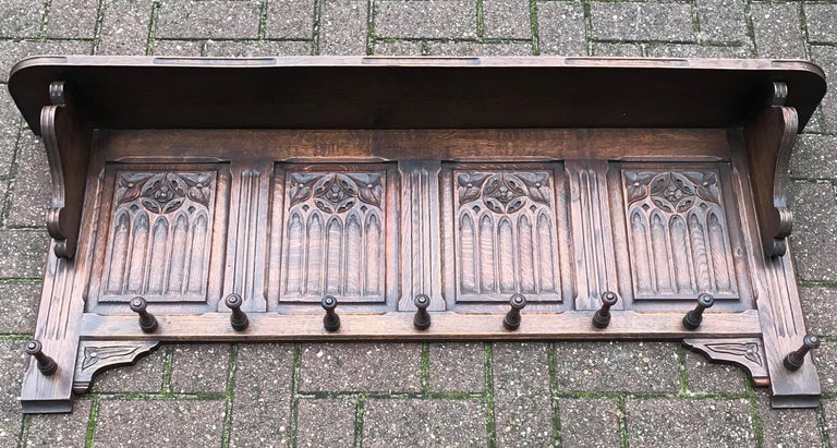 Hand Carved Gothic Revival Oak Wall Coat Rack with Stylish Church ...
