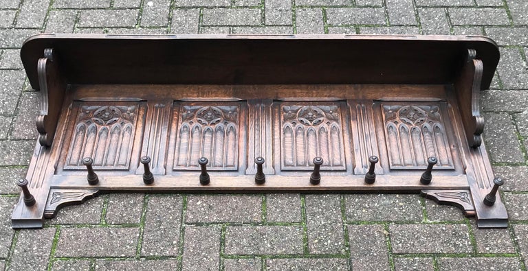 Hand Carved Gothic Revival Oak Wall Coat Rack with Stylish Church ...