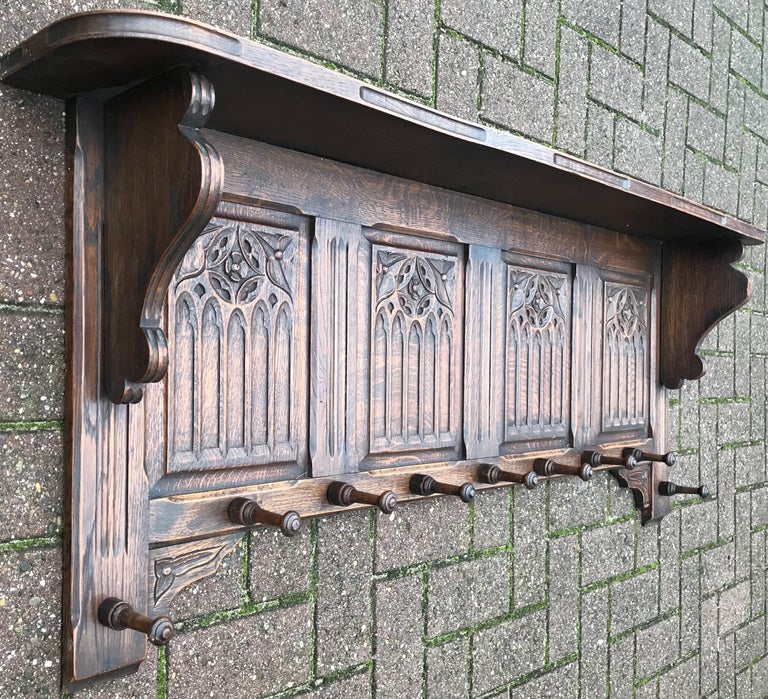 Hand Carved Gothic Revival Oak Wall Coat Rack with Stylish Church ...
