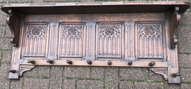Hand Carved Gothic Revival Oak Wall Coat Rack with Stylish Church ...