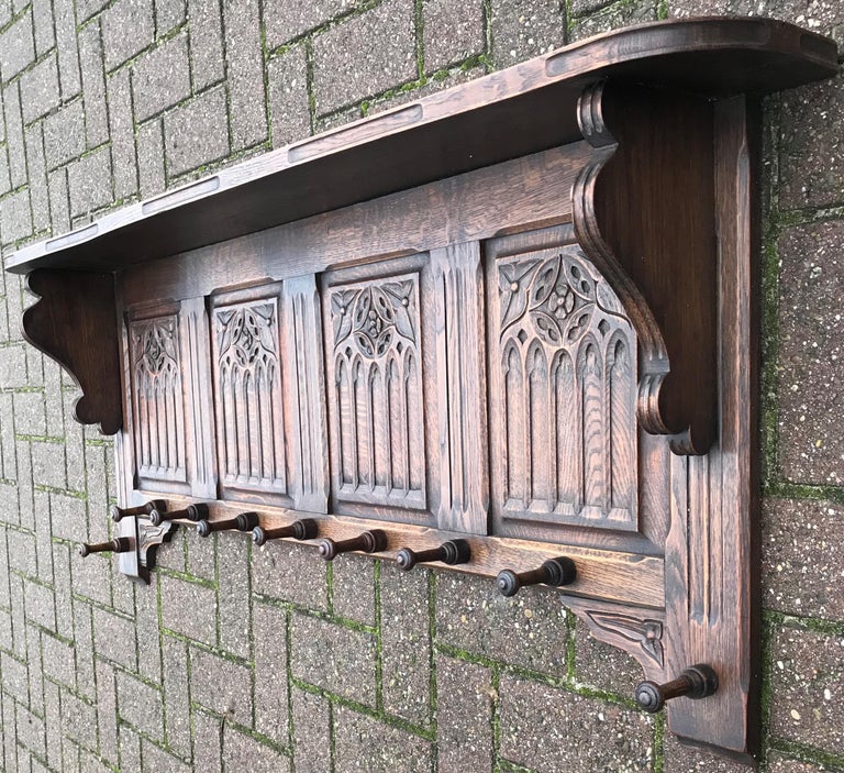Hand Carved Gothic Revival Oak Wall Coat Rack with Stylish Church ...