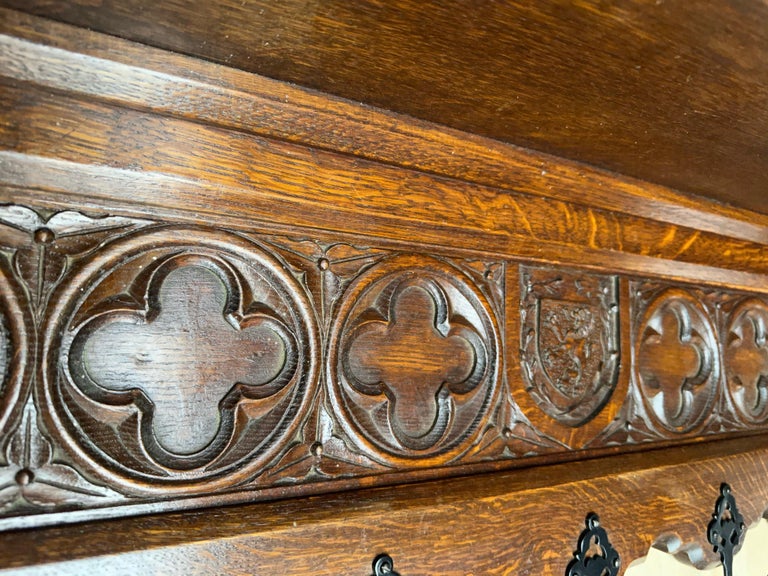Hand Carved Gothic Revival Oak Wall Coat Rack with Stylish Church ...