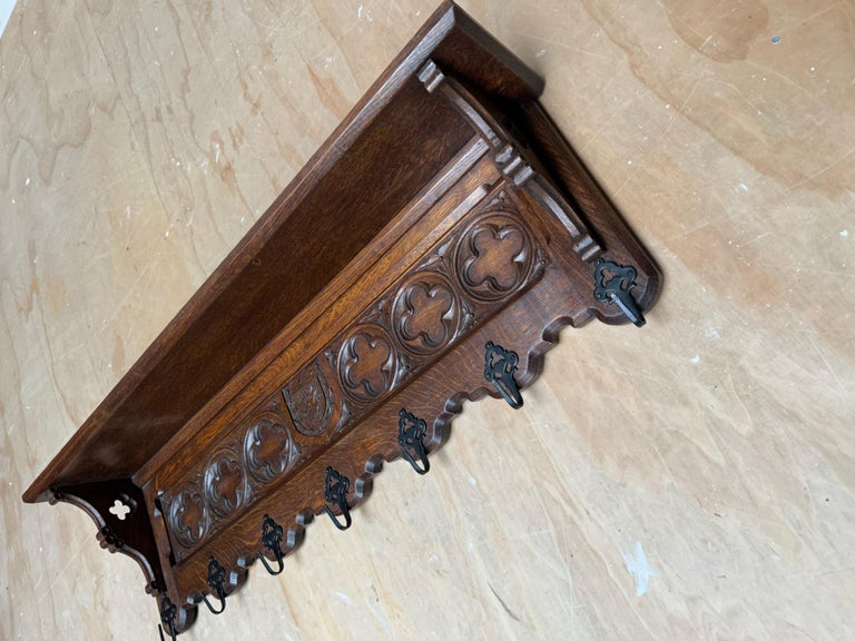 Hand Carved Gothic Revival Oak Wall Coat Rack with Stylish Church ...