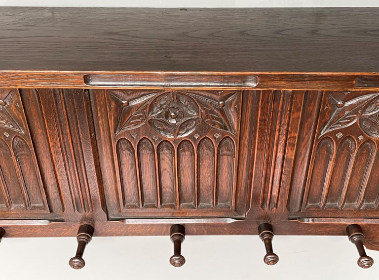 Hand Carved Gothic Revival Oak Wall Coat Rack with Stylish Church ...