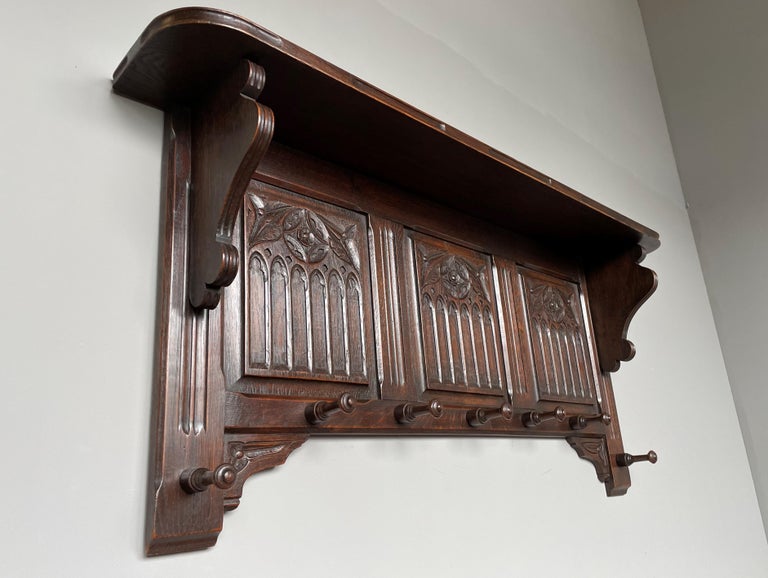 Hand Carved Gothic Revival Oak Wall Coat Rack with Stylish Church ...