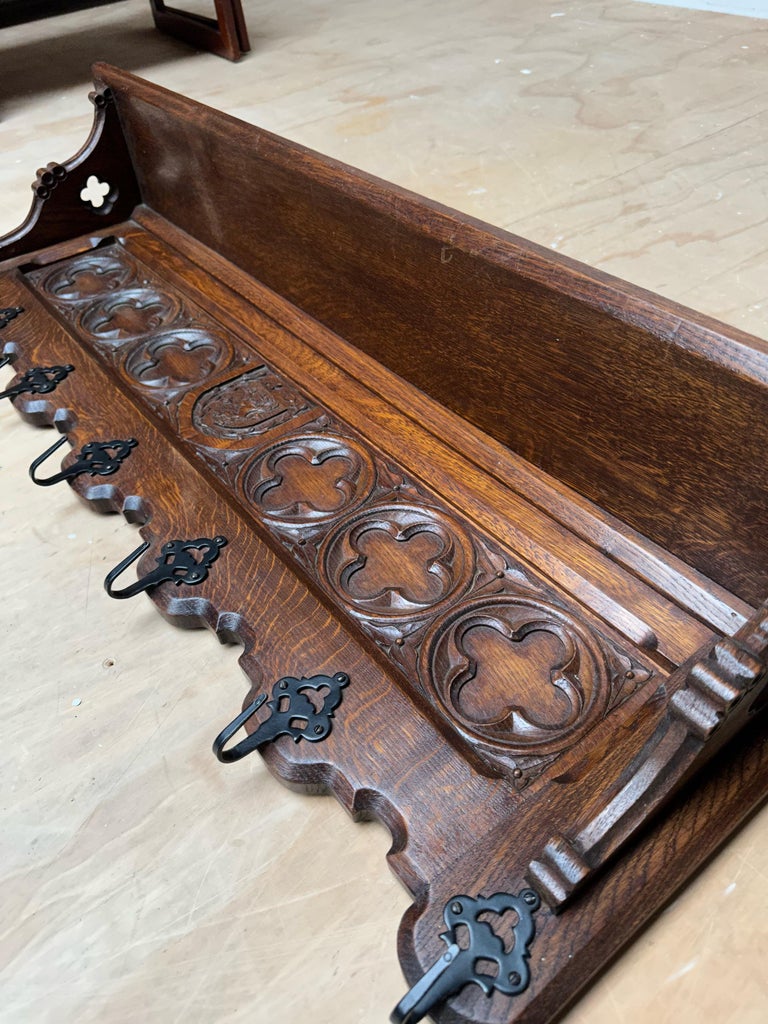 Hand Carved Gothic Revival Oak Wall Coat Rack with Stylish Church ...