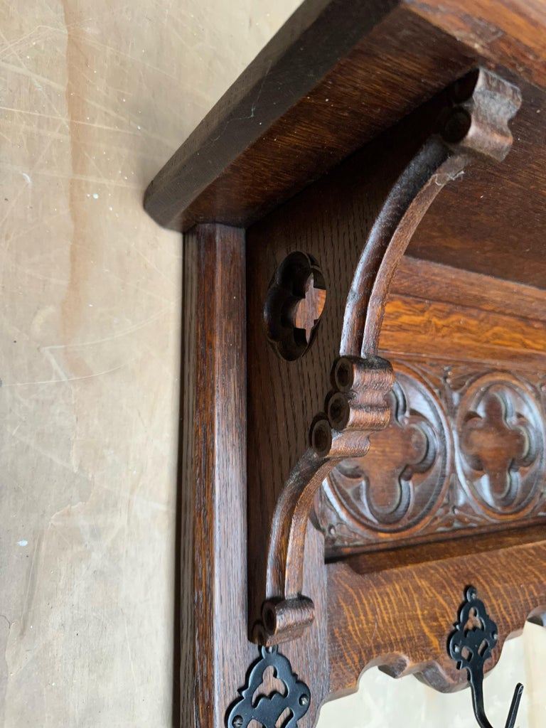 Hand Carved Gothic Revival Oak Wall Coat Rack with Stylish Church ...