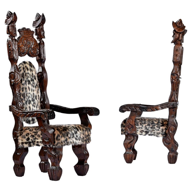 Hand Carved High Back Witco Tiki Thrown King Chairs In Faux Leopard Fur