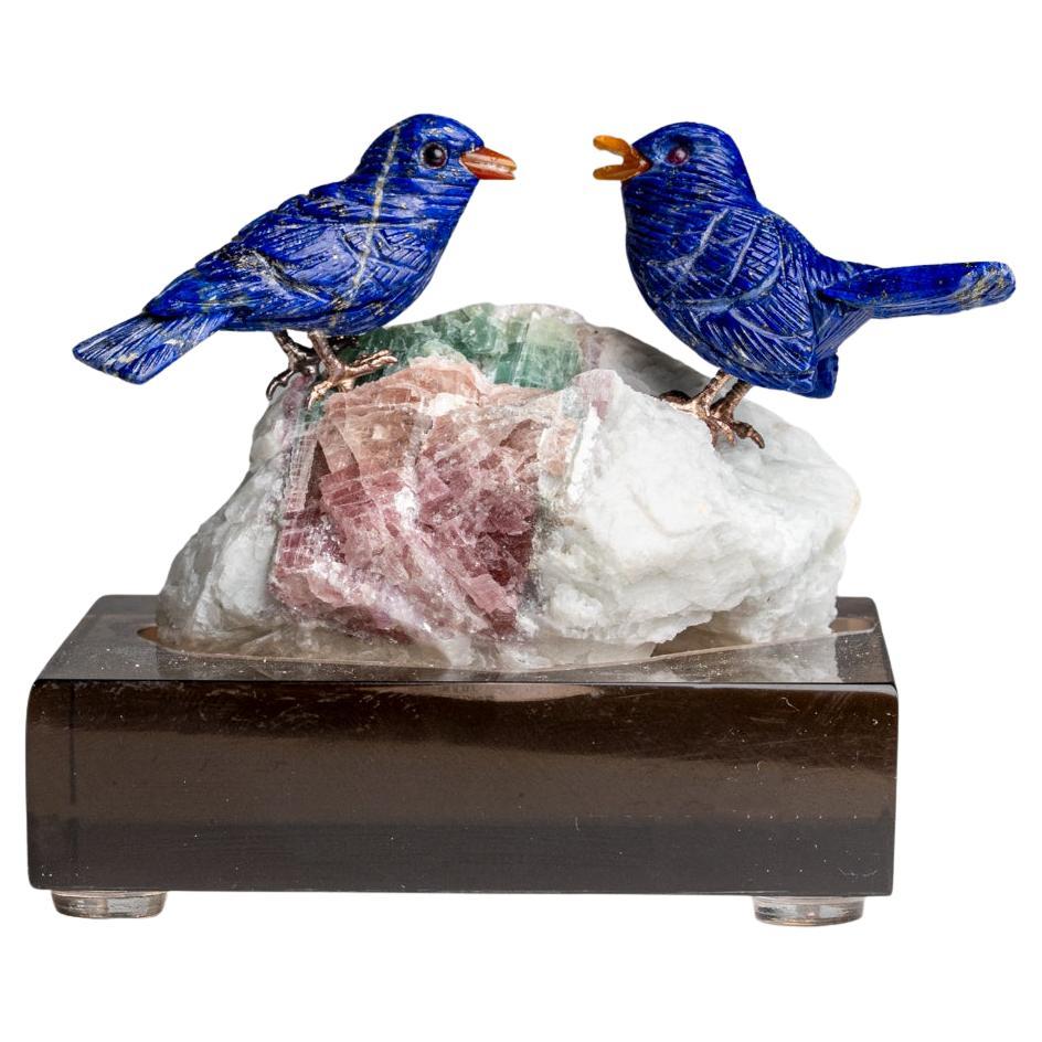 Hand Carved Fluorite Finches on a Tourmaline in Albite Matrix (6.5"H ...