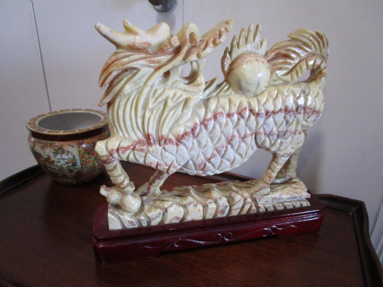 Hand Carved Marble Statue of Qilin, Chinese Mythical Beast on Rosewood ...