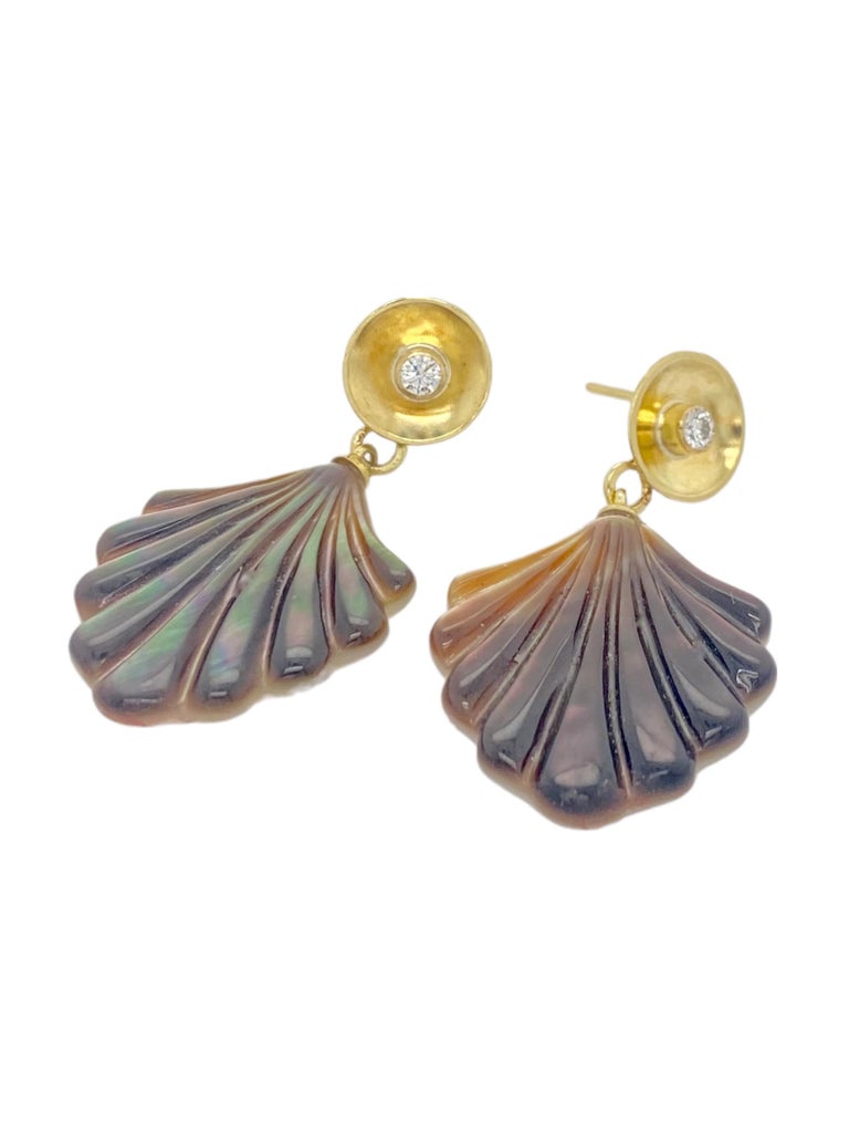 Hand-carved Mother of Pearl and Black Lip Mussel Earrings with Diamonds ...