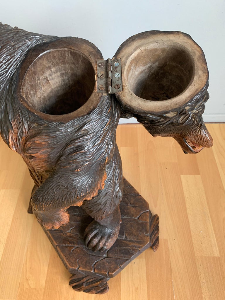 Hand Carved Nutwood Swiss Black Forest Bear Table Stand with Hinging ...