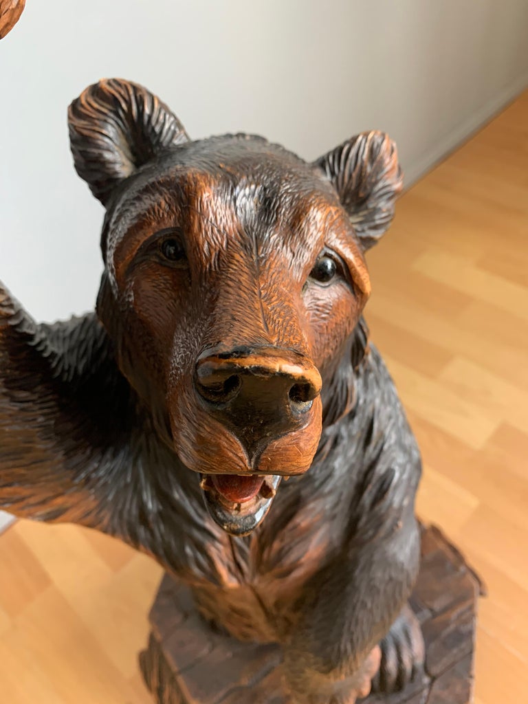 Hand Carved Nutwood Swiss Black Forest Bear Table Stand with Hinging ...
