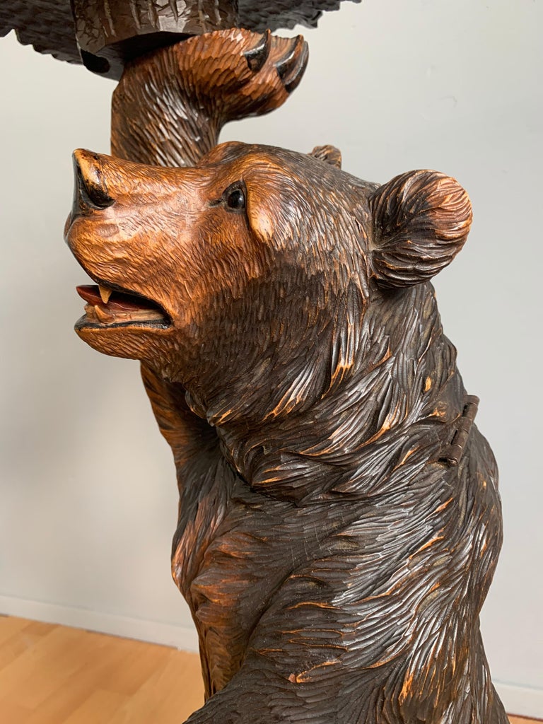 Hand Carved Nutwood Swiss Black Forest Bear Table Stand with Hinging ...