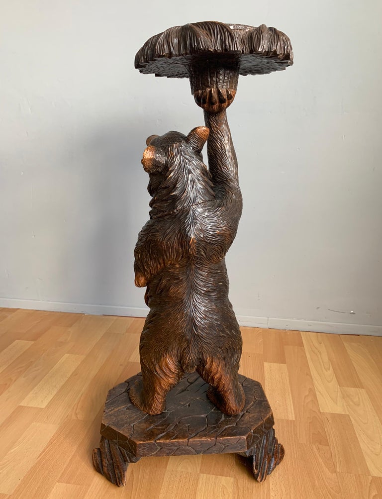 Hand Carved Nutwood Swiss Black Forest Bear Table Stand with Hinging ...
