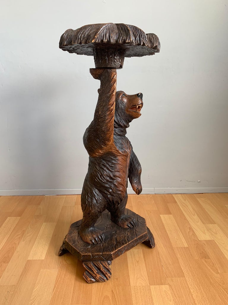 Hand Carved Nutwood Swiss Black Forest Bear Table Stand with Hinging ...
