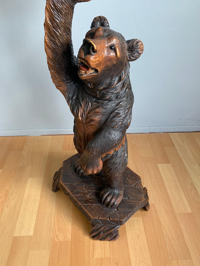 Hand Carved Nutwood Swiss Black Forest Bear Table Stand with Hinging ...