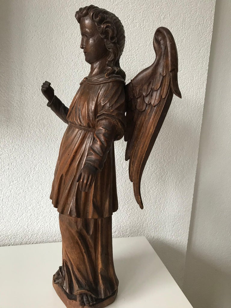 Hand-Carved Oak Angel Statue / Sculpture with Wings Possibly Saint ...
