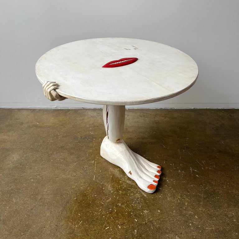 Hand Carved and Painted Folk Art Wood Table with Foot, Hand and Mouth ...