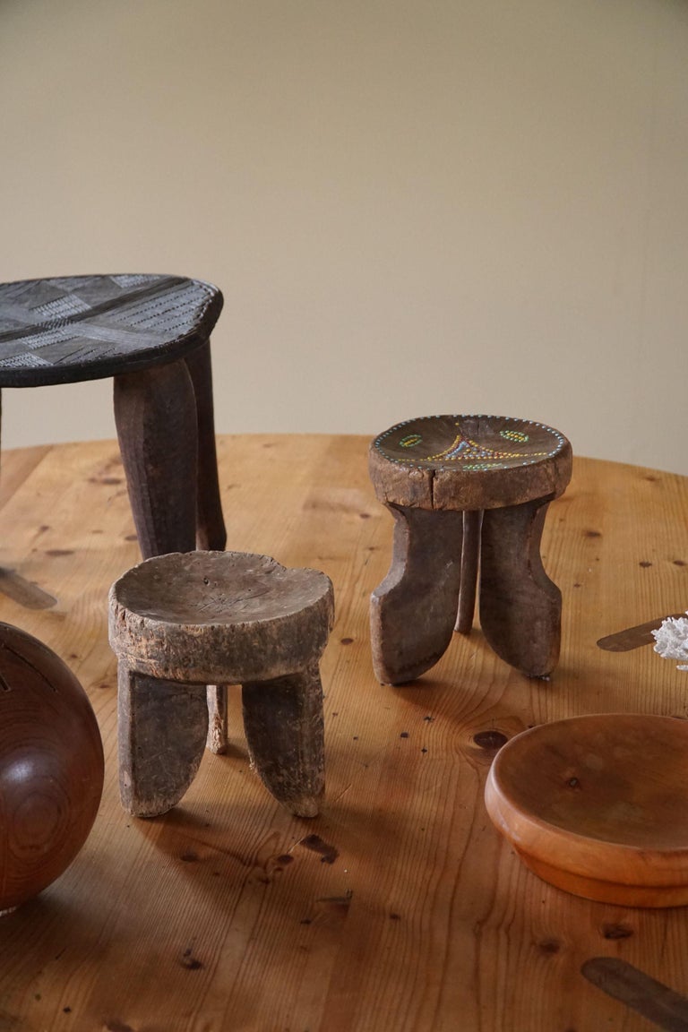 Hand Carved Pair of Wooden Kamba Stools, Kenya, Wabi Sabi, Mid-20th Century at 1stDibs