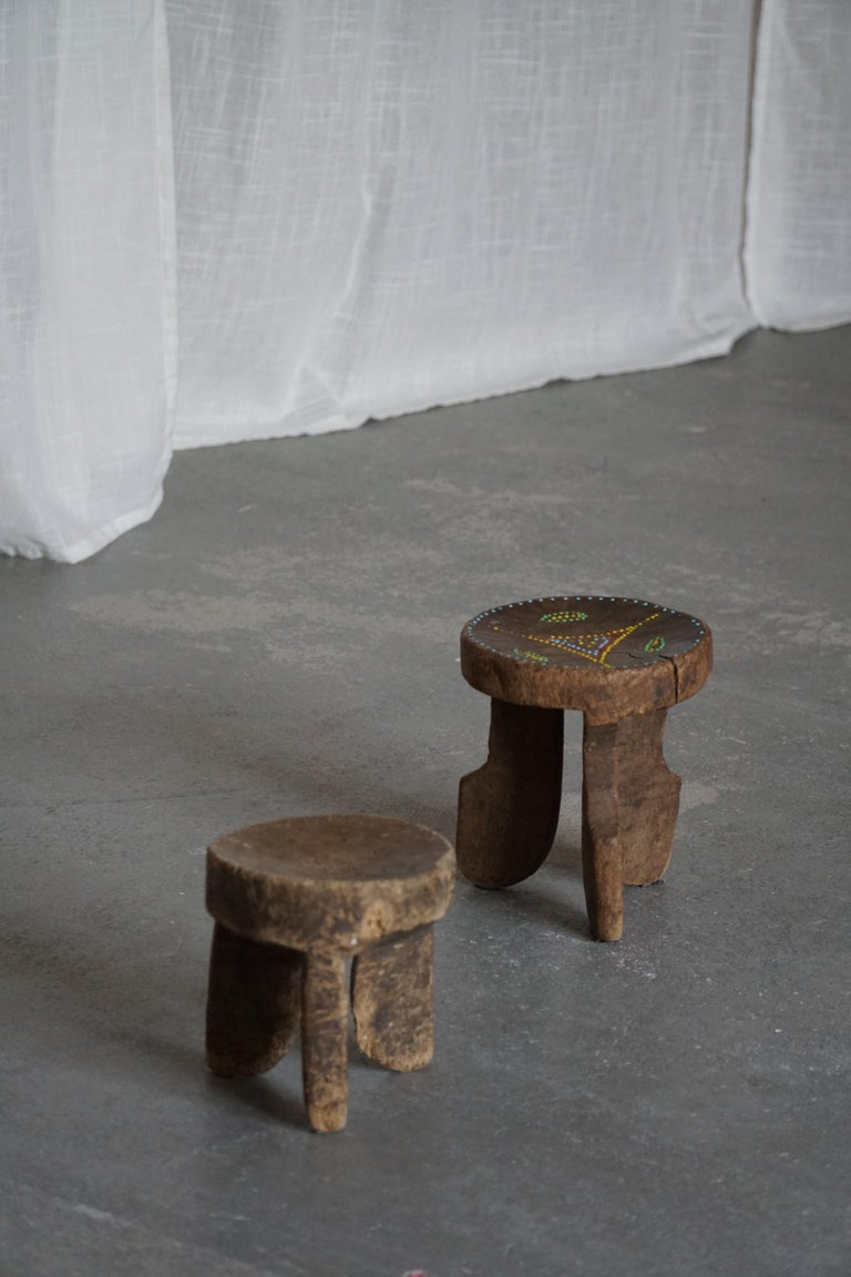 Hand Carved Pair of Wooden Kamba Stools, Kenya, Wabi Sabi, Mid-20th Century at 1stDibs