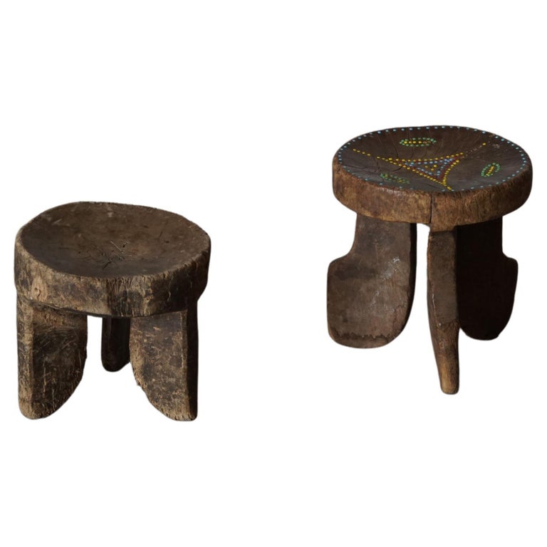 Hand Carved Pair of Wooden Kamba Stools, Kenya, Wabi Sabi, Mid-20th ...