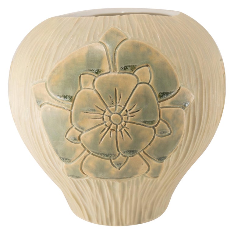 Hand Carved Porcelain "English Rose" Art Pottery Vase For Sale at 1stDibs