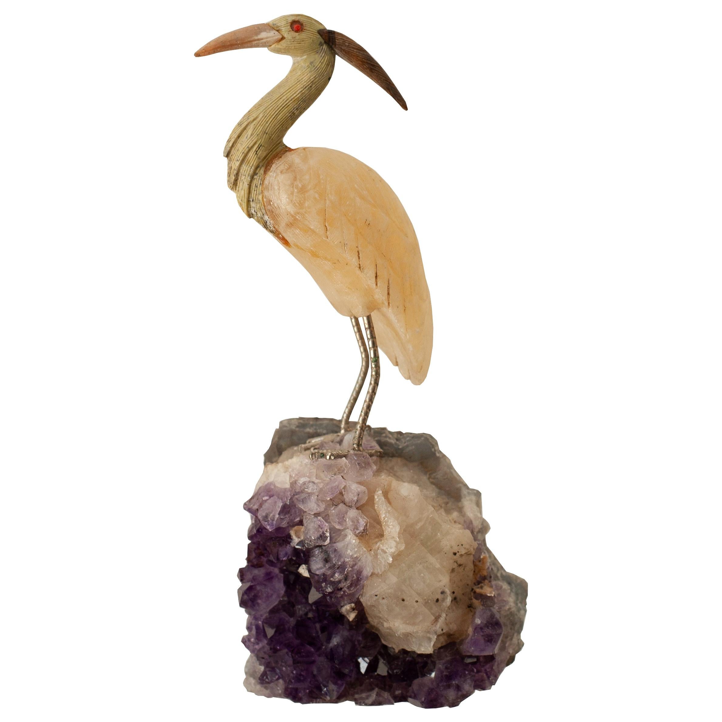 Hand Carved Precious Stone Crane on an Amethyst Base at 1stDibs