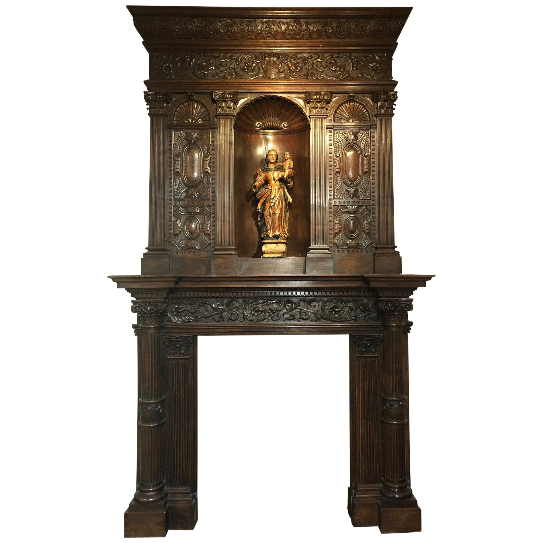 Antique Carved Walnut Renaissance Style Fire Mantel For Sale at 1stDibs