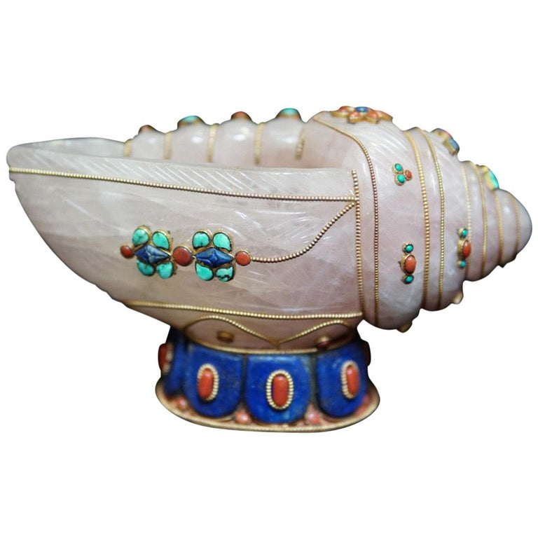 Hand Carved Rose Quartz and Multi-Gemstone Shell For Sale at 1stDibs