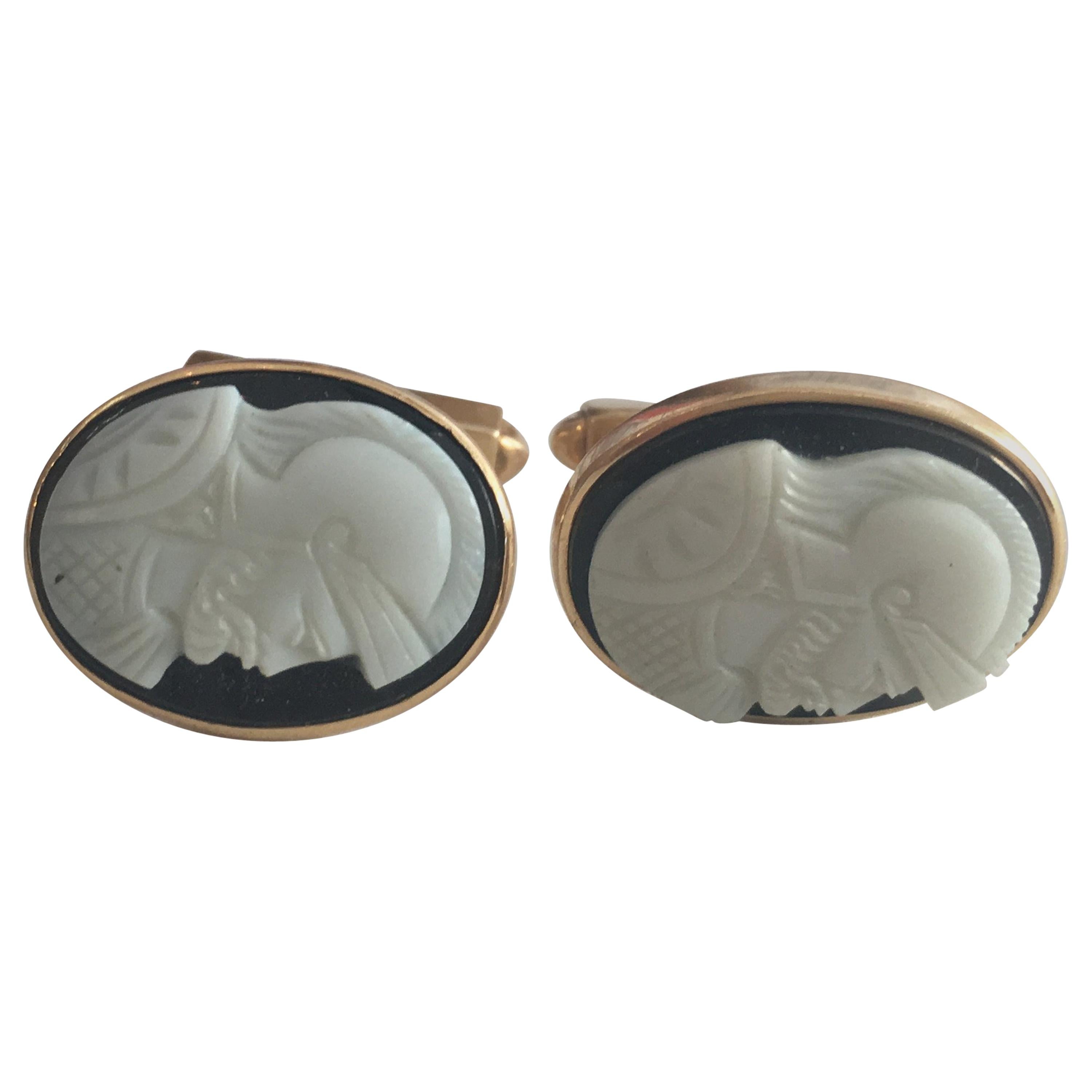 Hand Carved Shell "Knight" Cameo Cufflinks in 14-Karat with Bullet Back ...