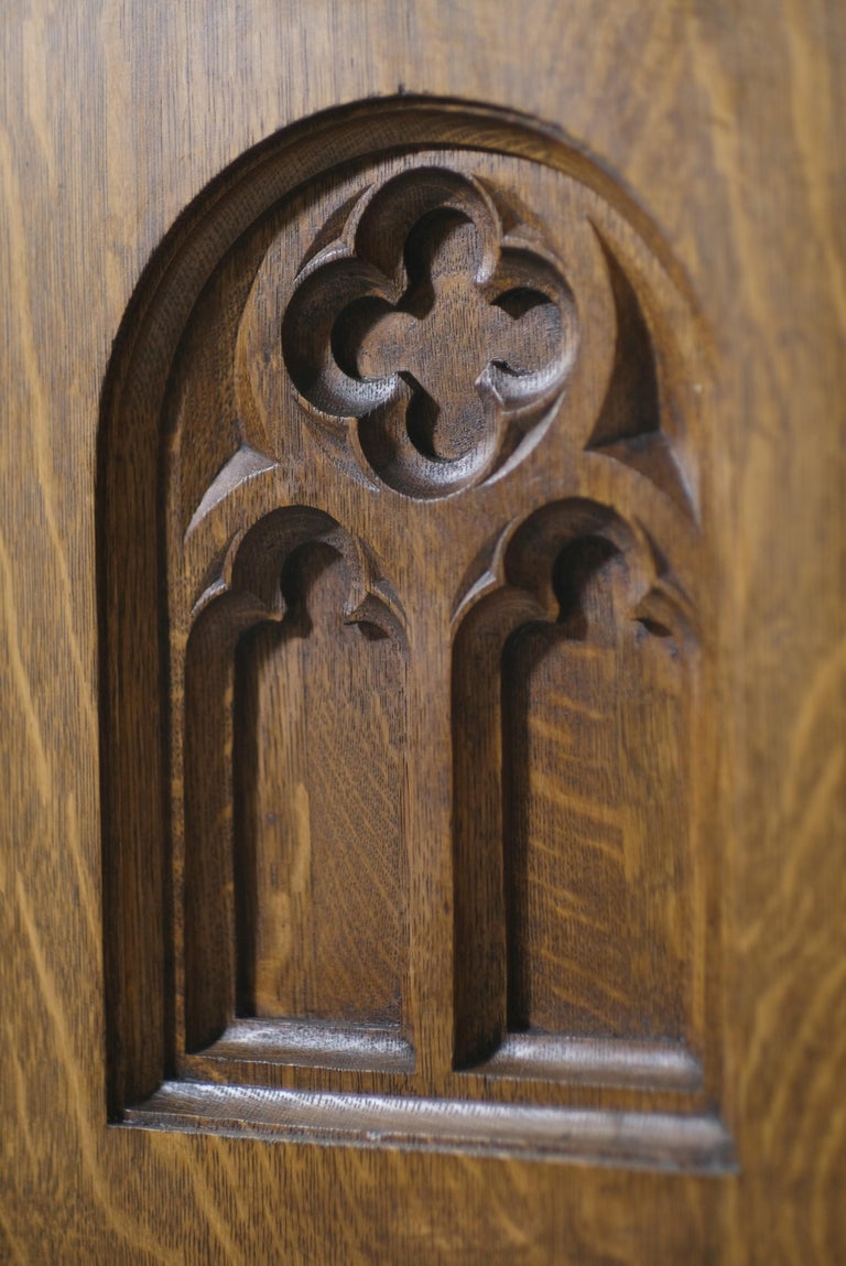 Hand Carved Solid Oak Church Pew Quatrefoil Floral Details For Sale at ...