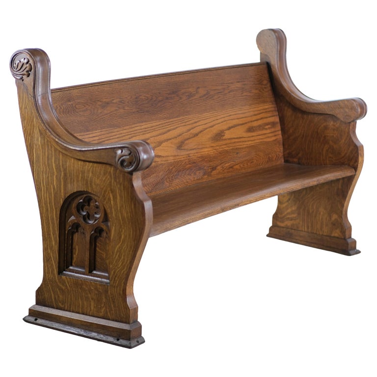 Hand Carved Solid Oak Church Pew Quatrefoil Floral Details For Sale at ...