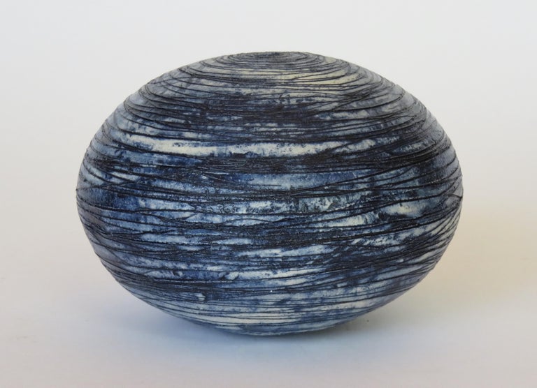 Hand Carved Sphere, Ceramic Sculpture in Deep Blue Wash at 1stDibs