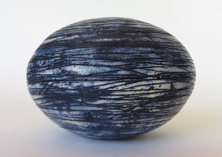 Hand Carved Sphere, Ceramic Sculpture in Deep Blue Wash at 1stDibs