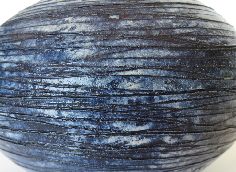 Hand Carved Sphere, Ceramic Sculpture in Deep Blue Wash at 1stDibs