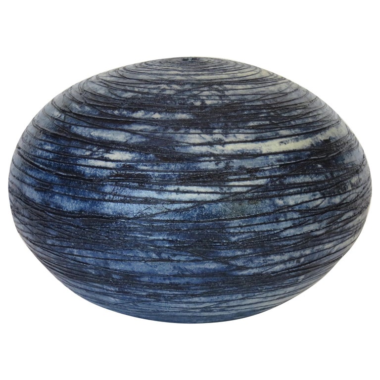 Hand Carved Sphere, Ceramic Sculpture in Deep Blue Wash at 1stDibs