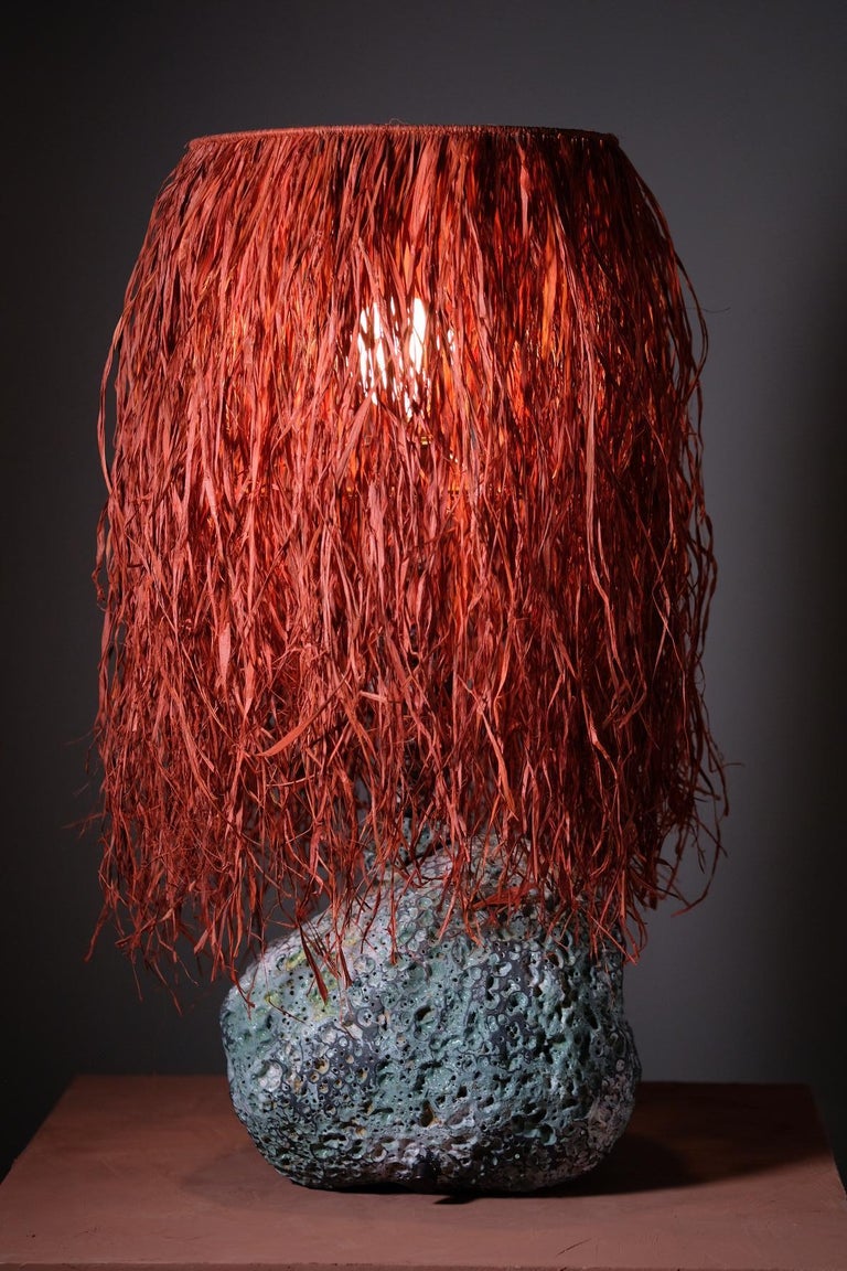 Hand Carved Stoneware Pacific Table Lamp with Raffia Shade by LGS ...