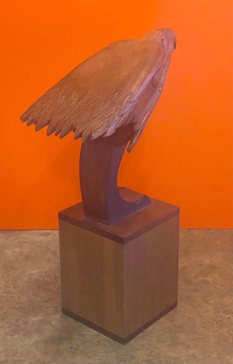 Hand Carved Teak Bald Eagle Head Sculpture on Wood Base For Sale at 1stDibs