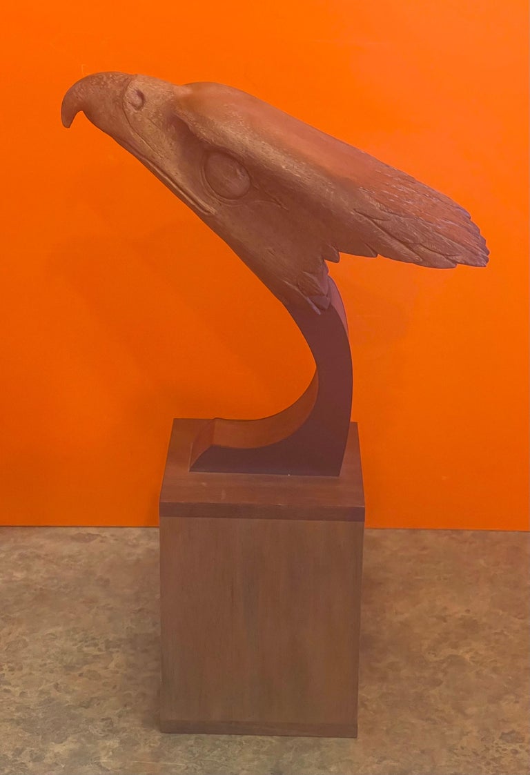Hand Carved Teak Bald Eagle Head Sculpture on Wood Base For Sale at 1stDibs