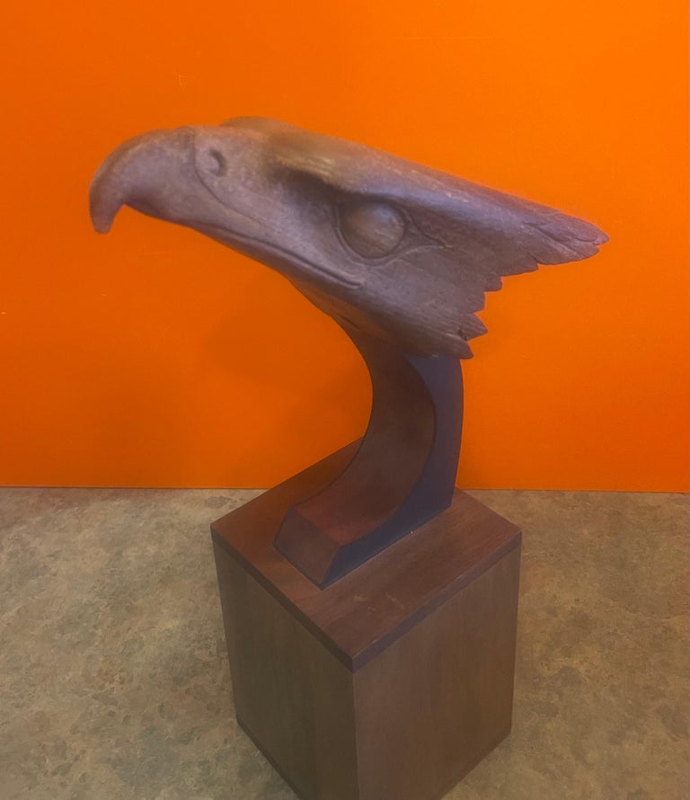 Hand Carved Teak Bald Eagle Head Sculpture on Wood Base For Sale at 1stDibs