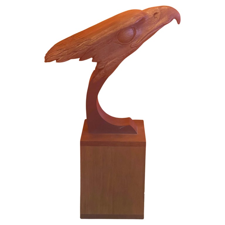 Hand Carved Teak Bald Eagle Head Sculpture on Wood Base For Sale at 1stDibs